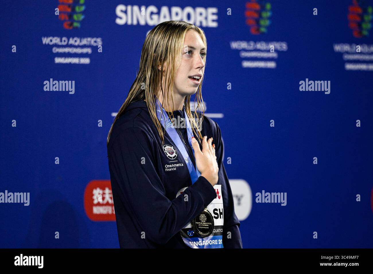 Gretchen Walsh of United States of America, gold, attends the medal ...