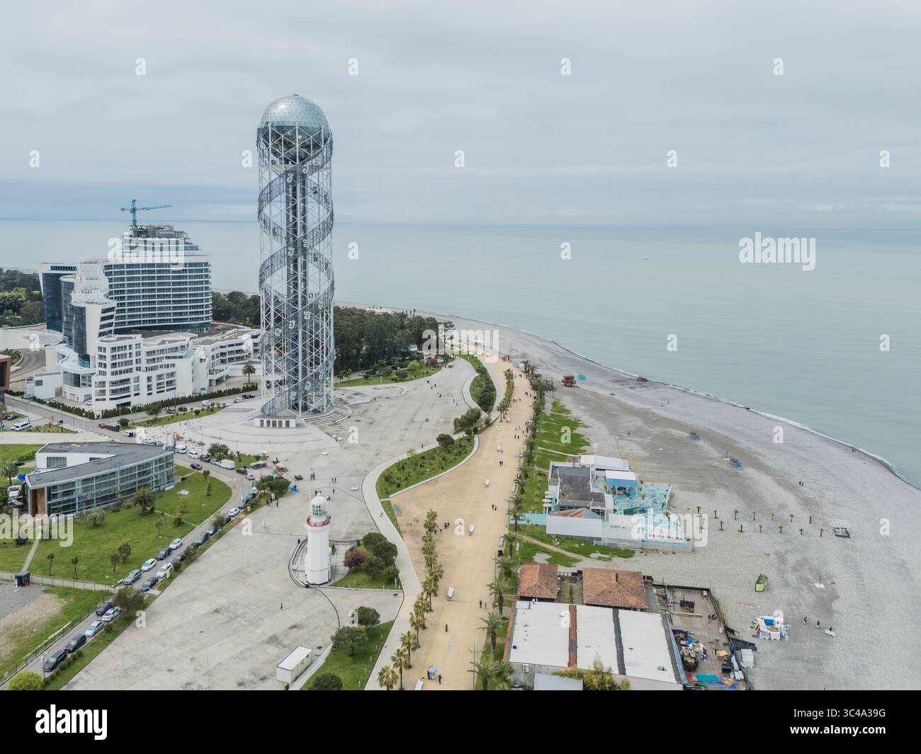 Aerial view of the Alphabet Tower rising high above the boulevard ...