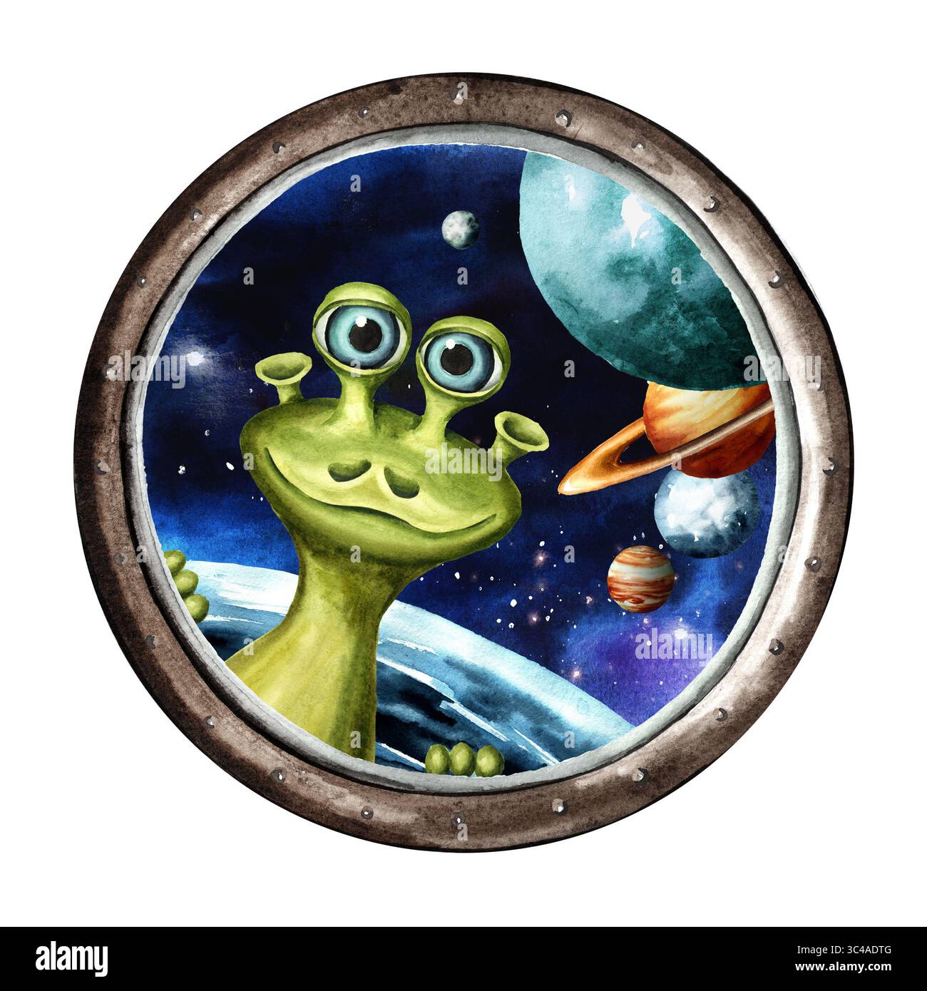 Alien peeks through the porthole of a spaceship. Hand drawn watercolor ...