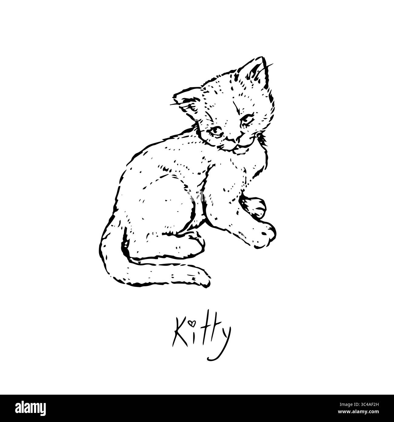 Cat (kitty) small cute sitting, side view, doodle black ink drawing ...