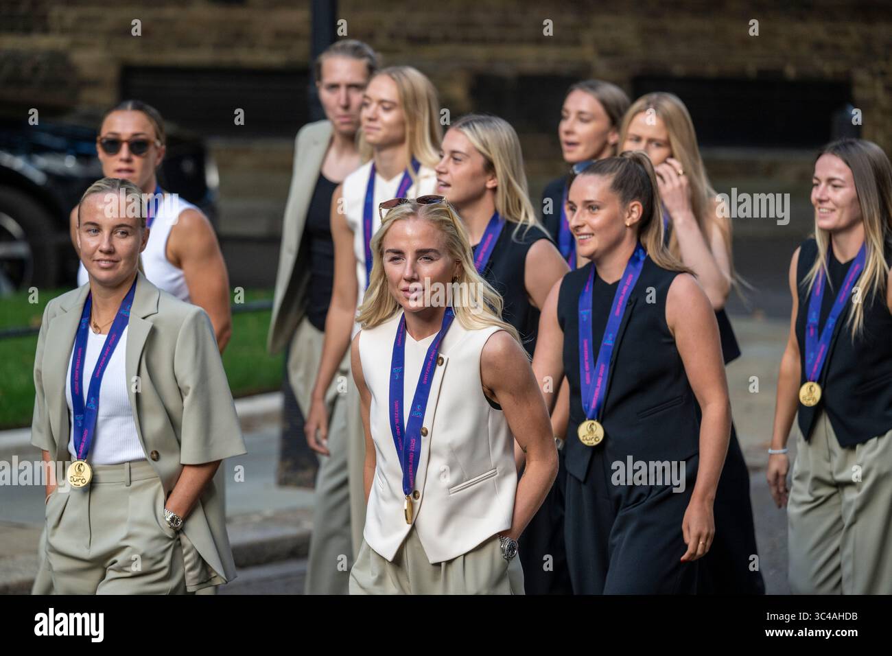 London, UK. 28 July 2025. (L to R) Beth Mead, Lucy Bronze, Alex ...
