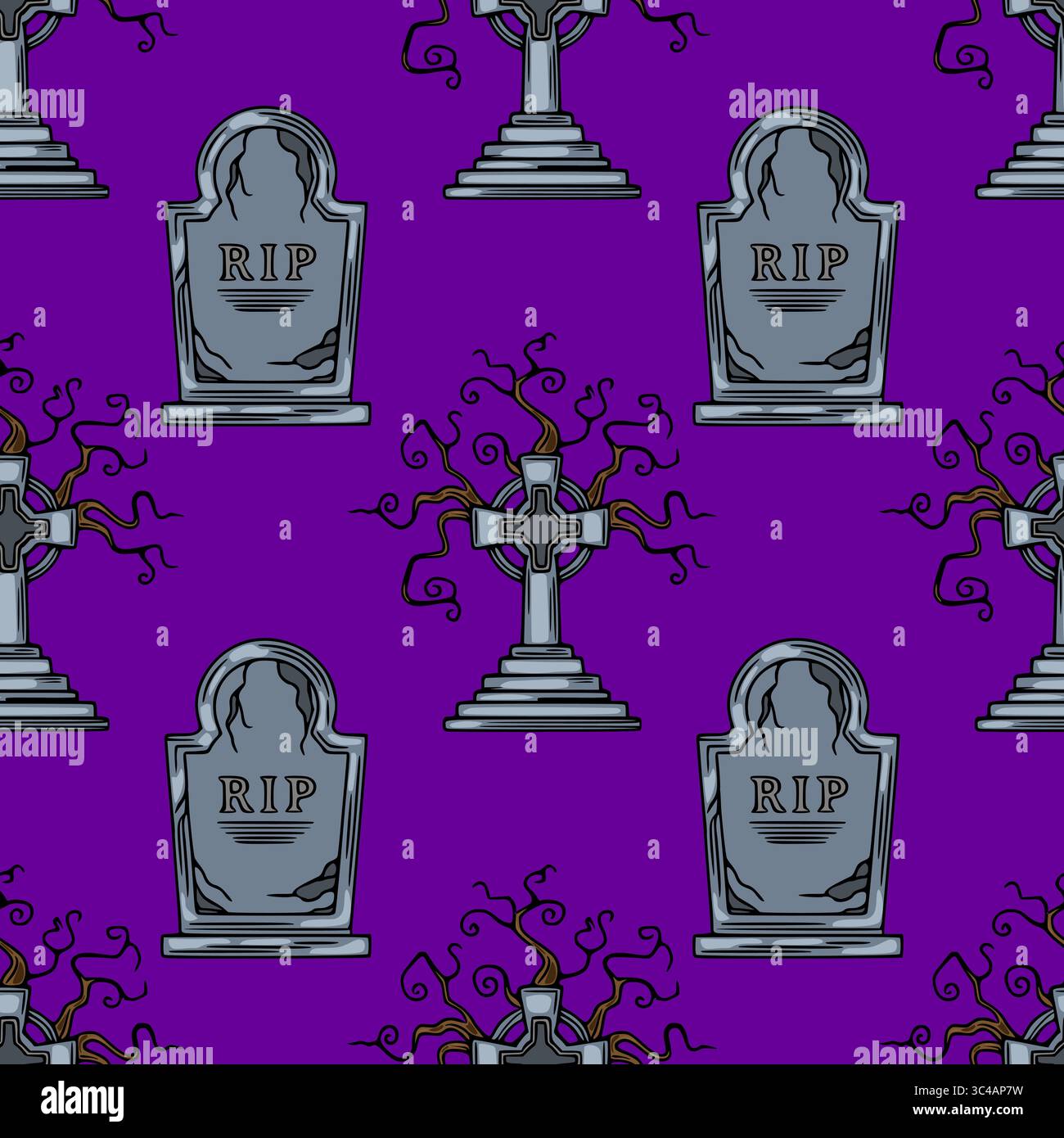 Seamless vector Halloween pattern with Celtic crosses, gravestones, and ...