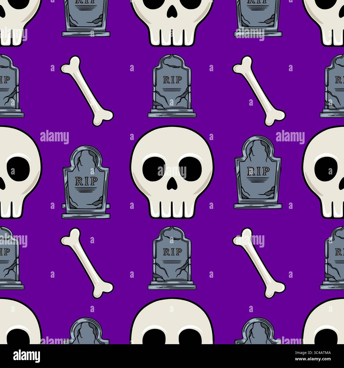 Seamless vector Halloween pattern featuring cartoon skulls, tombstones ...