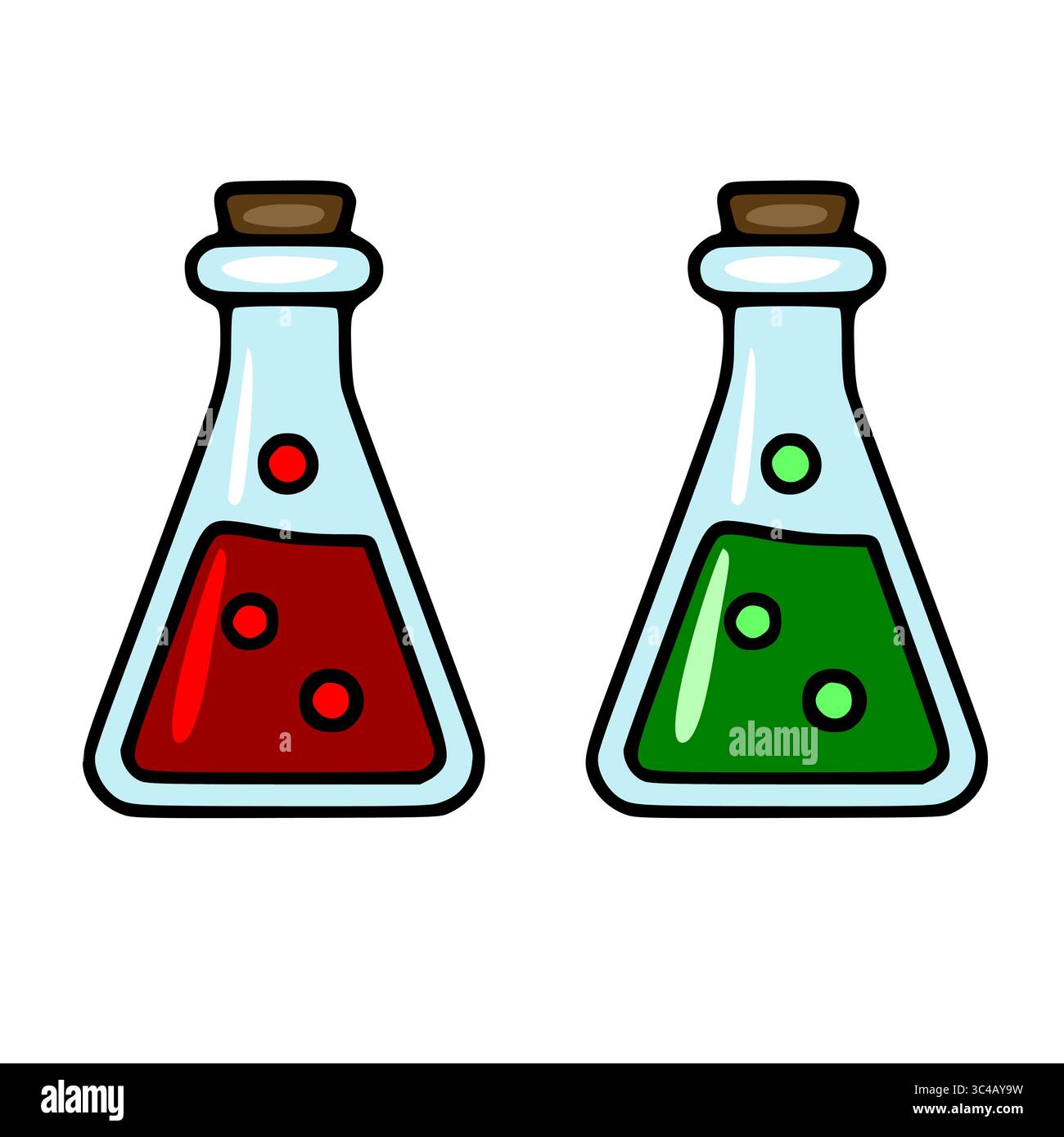 A vector illustration of two cartoon Erlenmeyer flasks filled with red ...