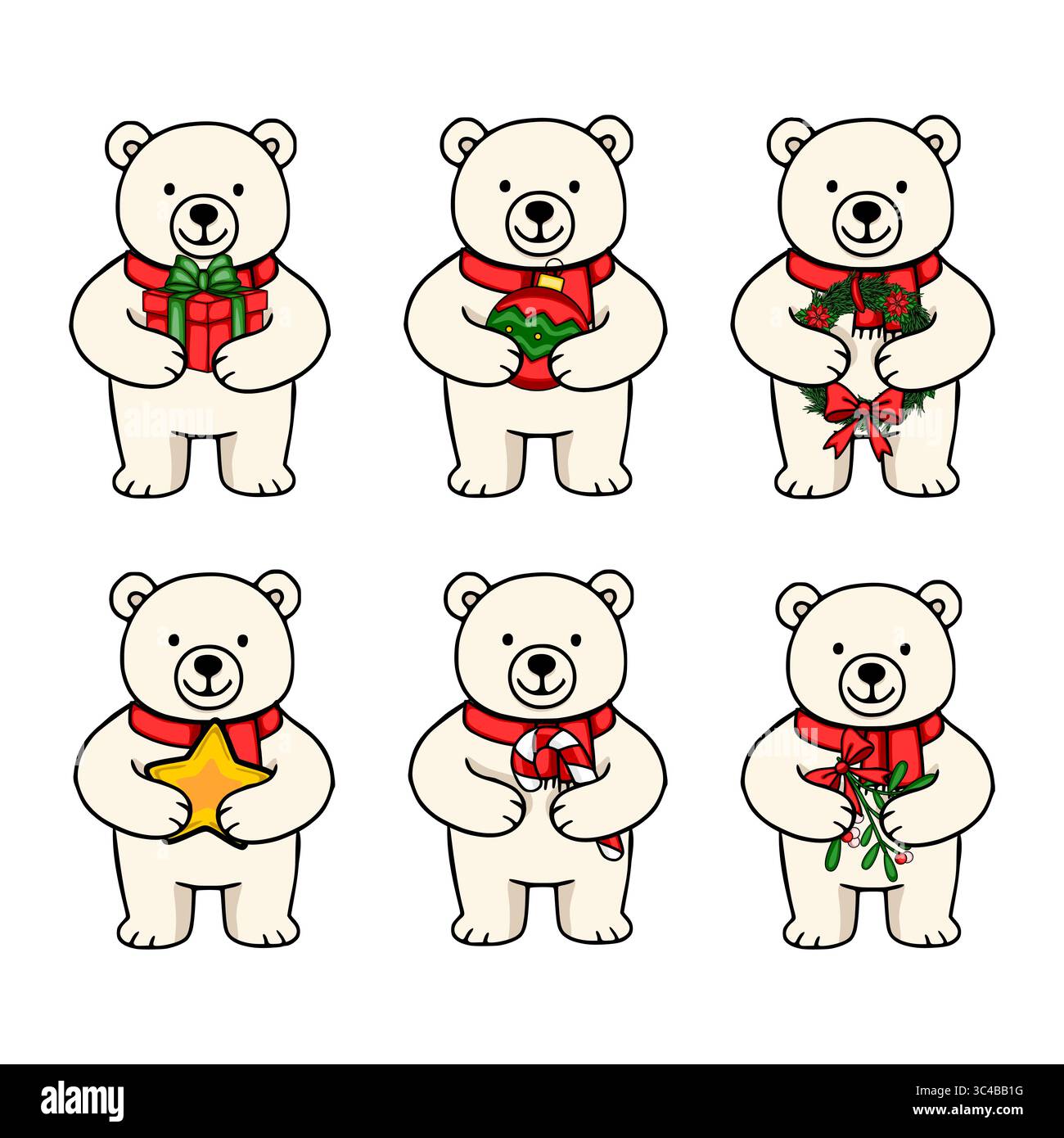 Adorable vector illustration of six cute polar bears in red scarves ...