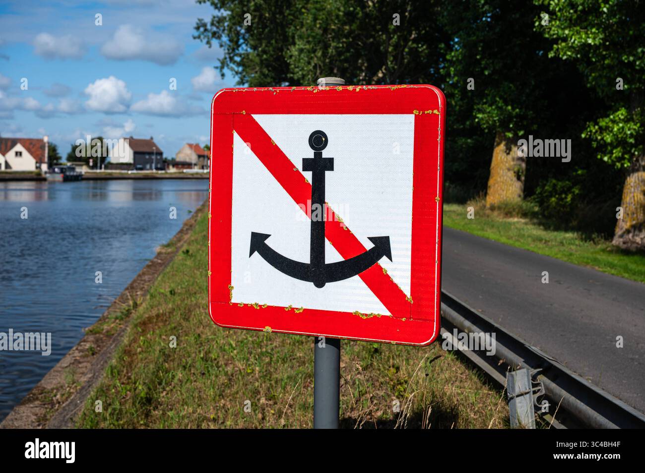 No anchor sign at the canal in Jabbeke, West Flanders, Belgium 7 July ...