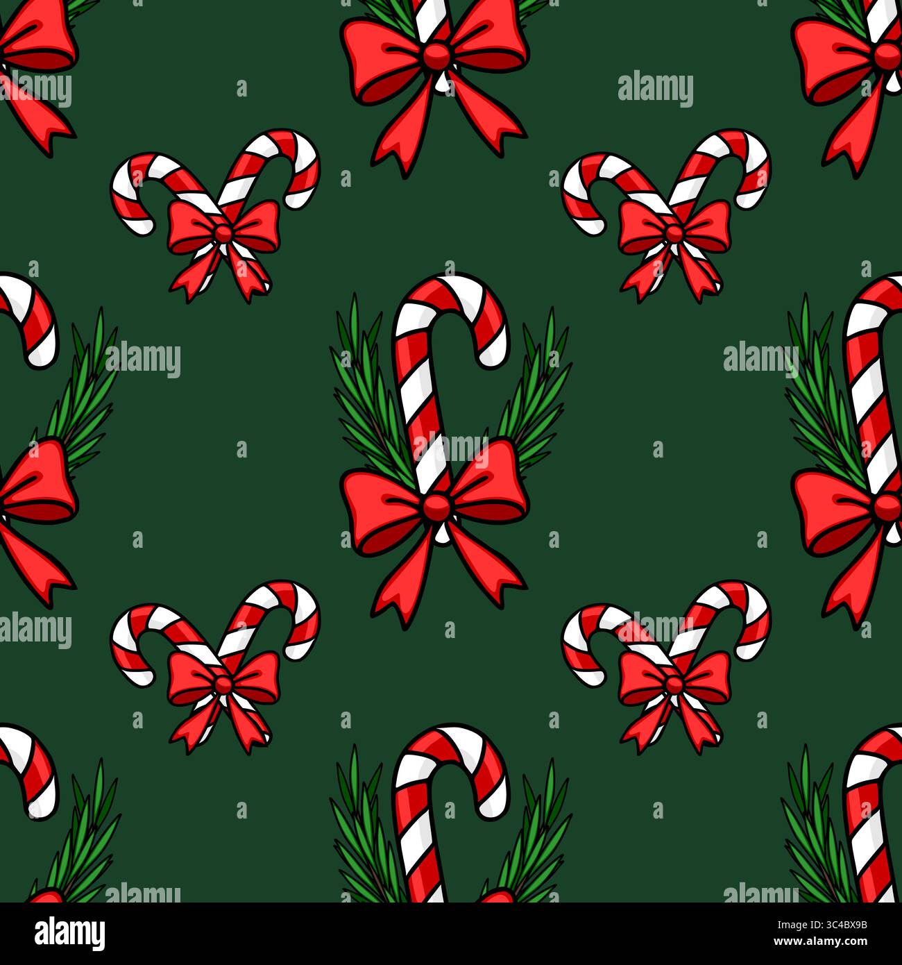 Seamless vector Christmas pattern with candy canes, red bows, and fir ...