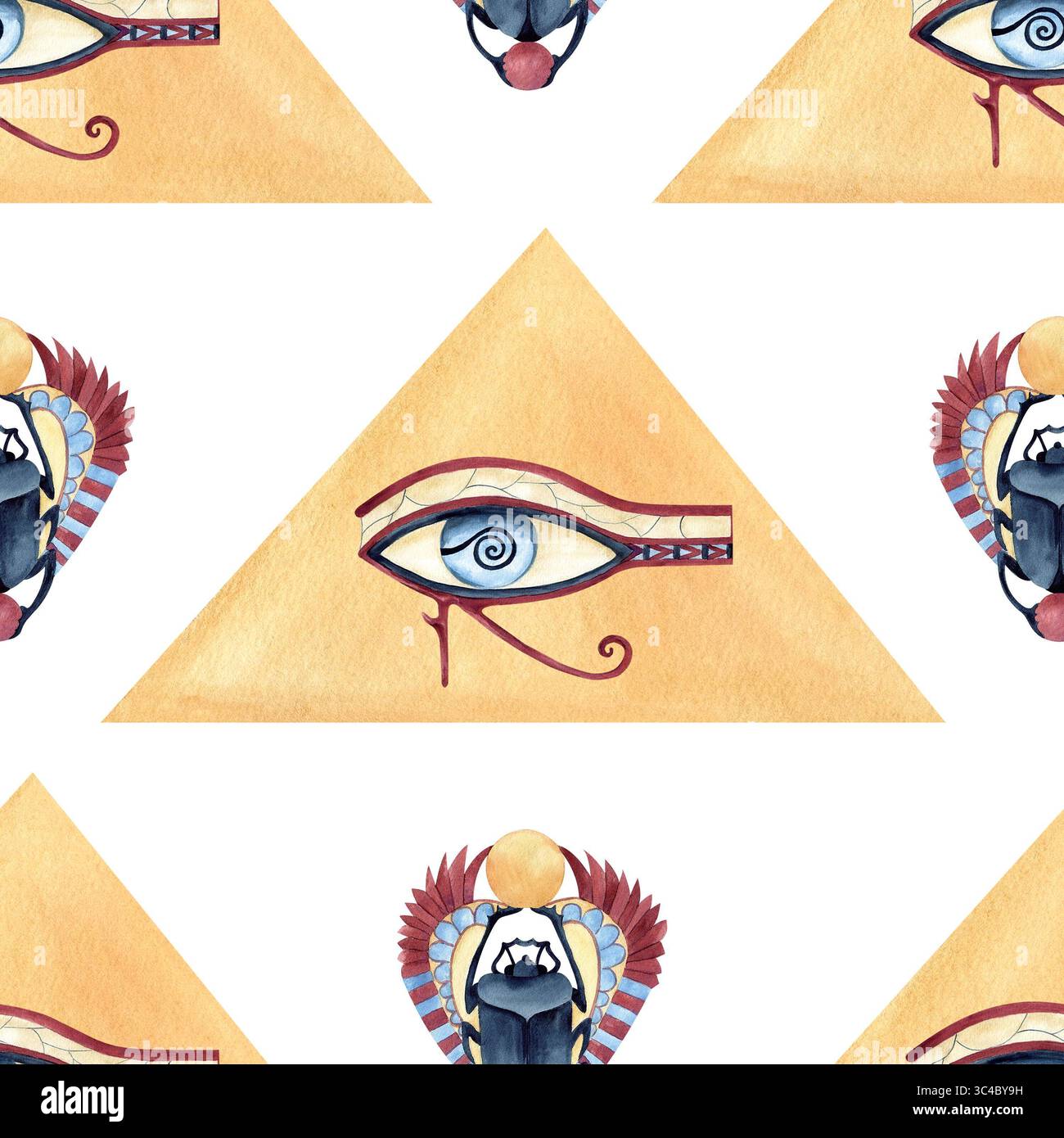 Egyptian abstract pyramid, eye of Horus, Scarab beetle seamless pattern ...