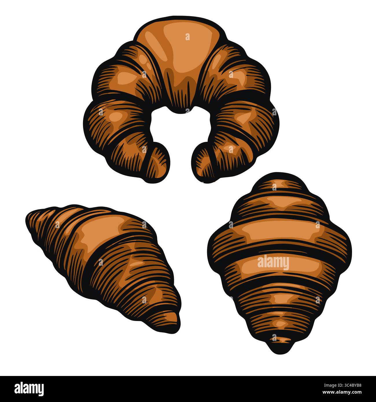 A collection of three stylized croissants and shells, showcasing their ...