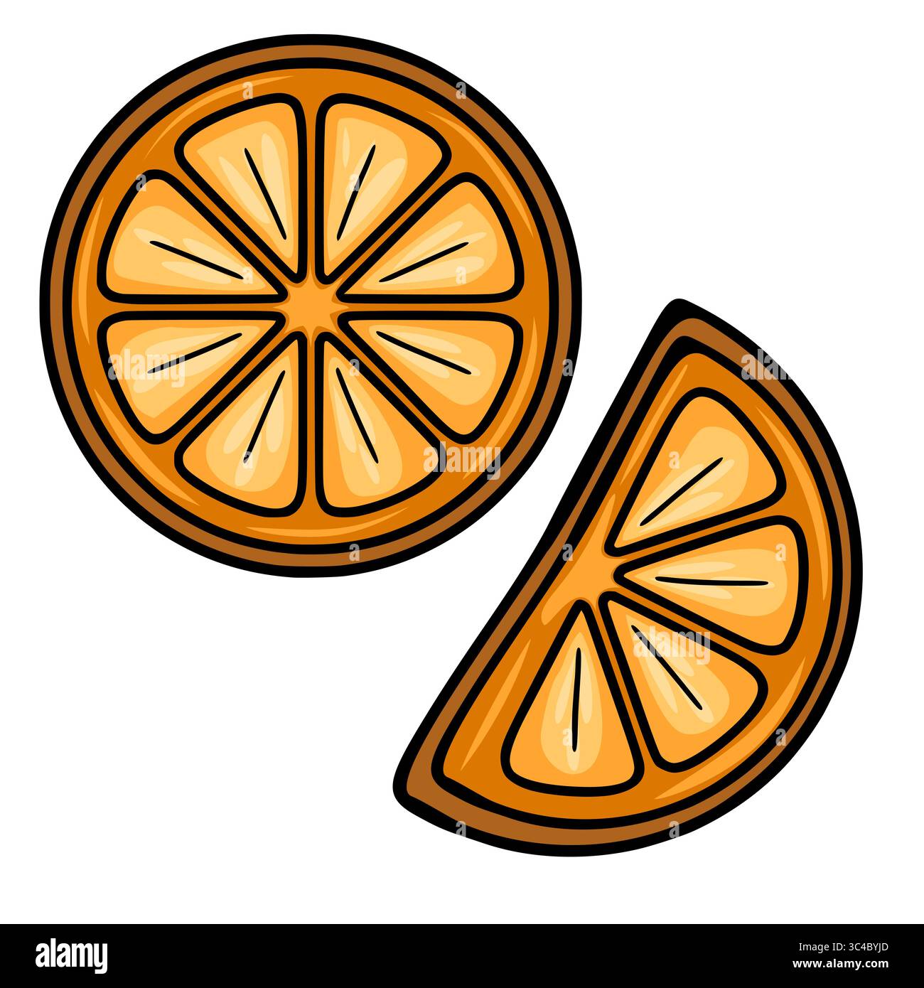 A vector illustration featuring a whole orange slice and a half-orange slice, rendered in a ...
