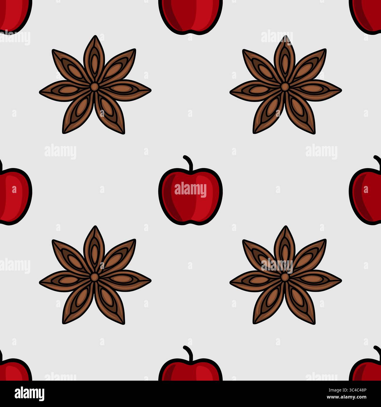 Seamless vector pattern featuring stylized red apples and brown anise ...