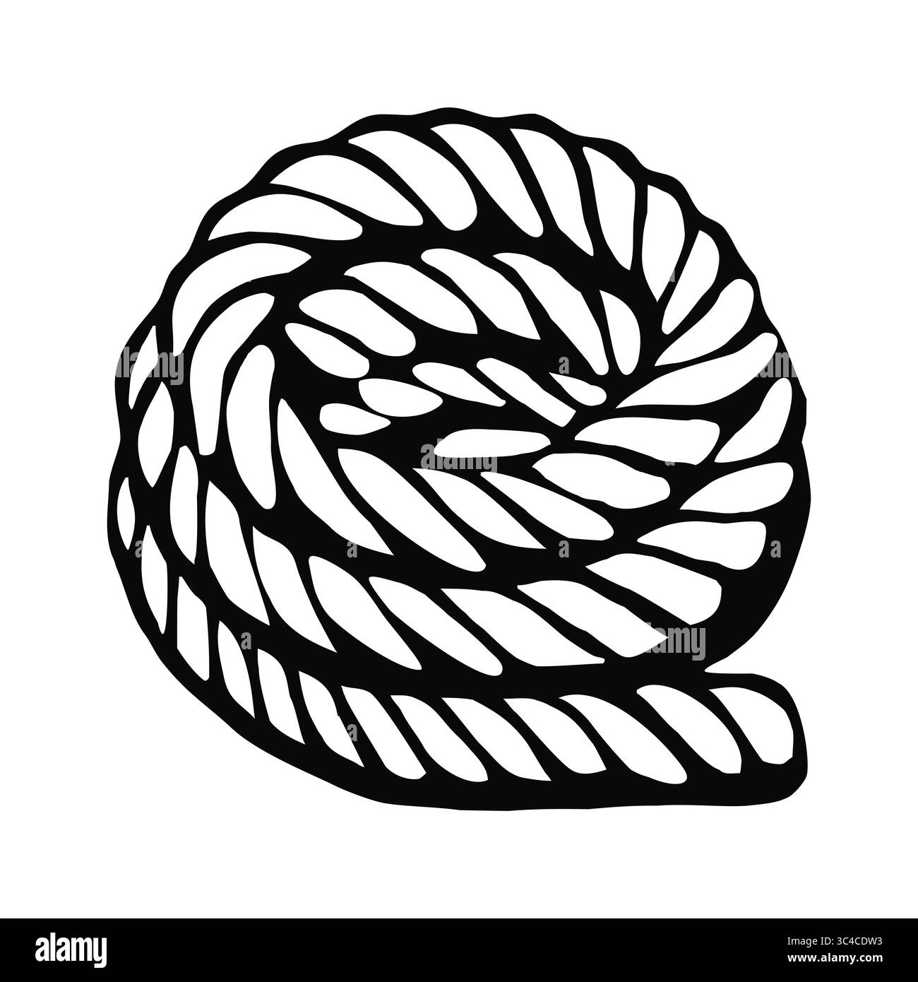 A stylized black and white illustration of a coiled rope, featuring ...