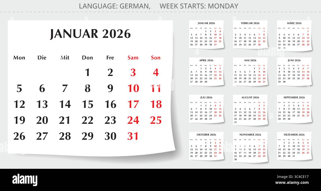 2026 german calendar with 12 month - Kalender. Vector illustration for ...