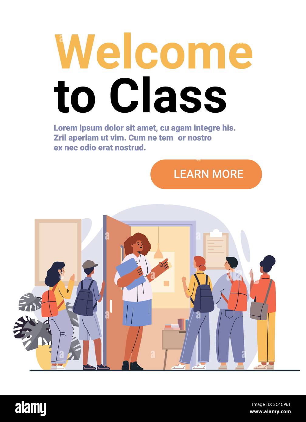 Teacher welcoming students classroom back to school diverse children ...