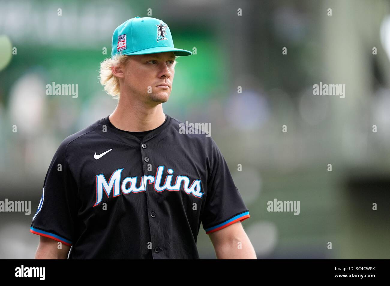 Miami Marlins' Kyle Stowers warms up before a baseball game against the ...