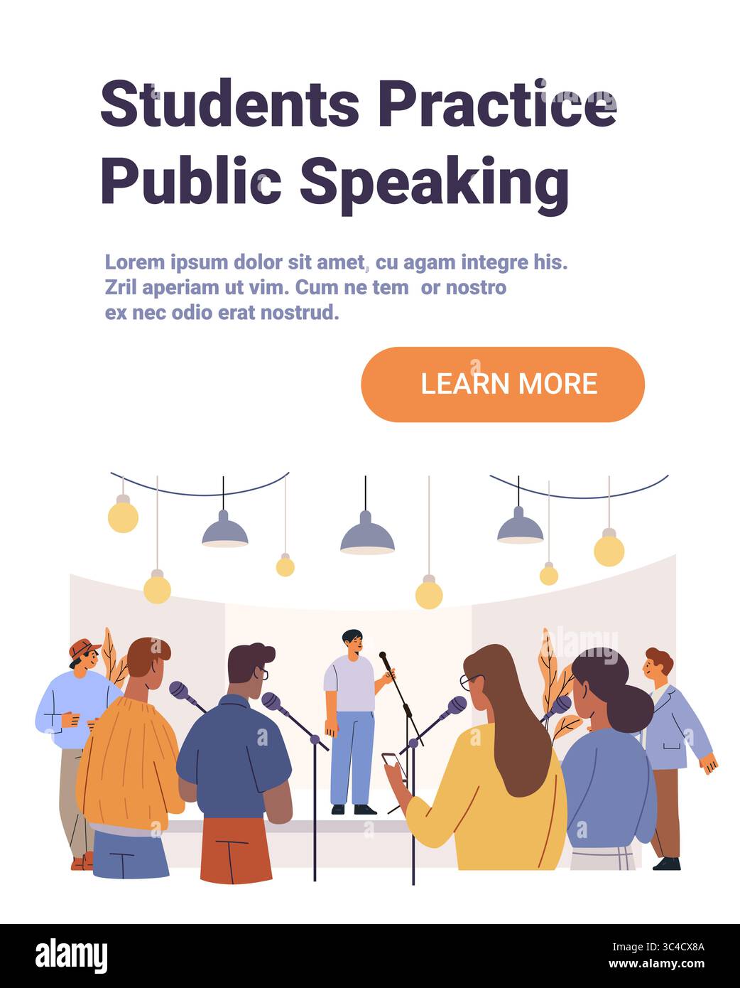Students public speaking stage presentation group audience microphones modern classroom interior ...