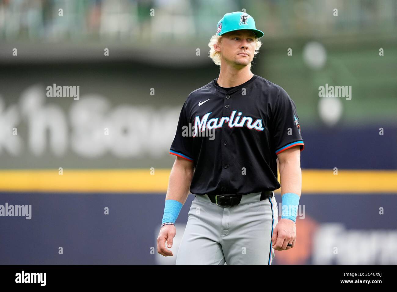 Miami Marlins' Kyle Stowers warms up before a baseball game against the ...