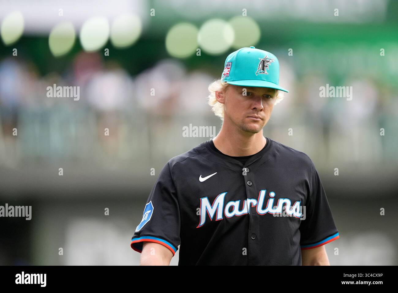 Miami Marlins' Kyle Stowers warms up before a baseball game against the ...