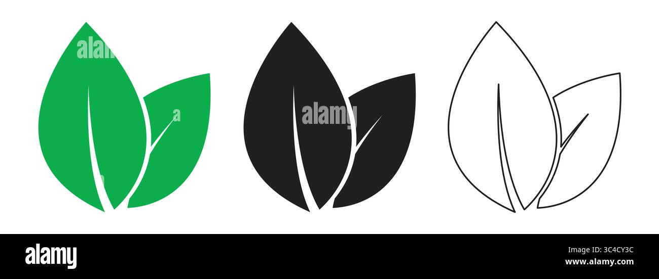 Leaf Icon Set in Solid Green, Black, and Outline Style for Eco Graphic ...