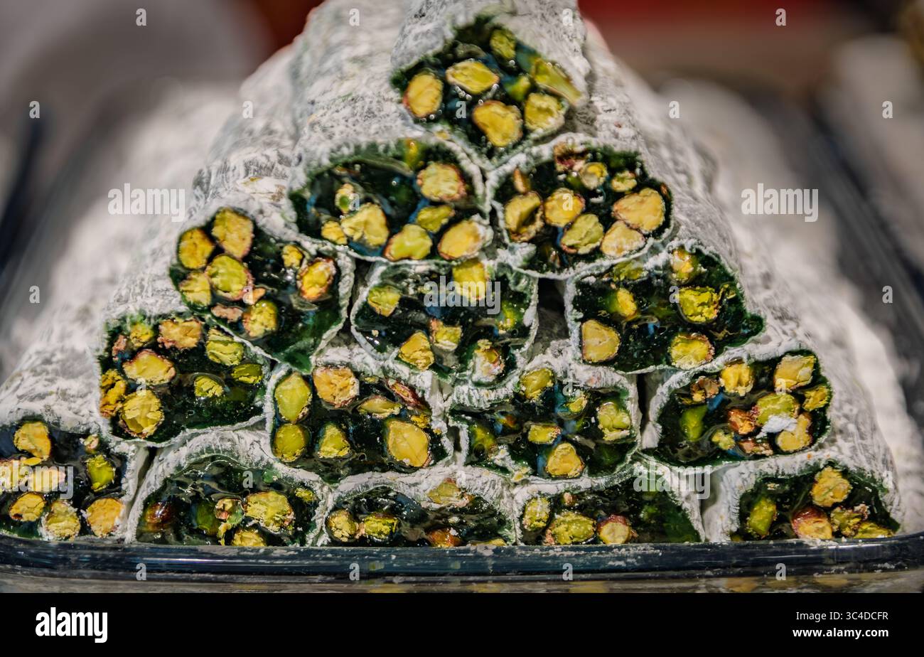 Selection of turkish delight nougat with pistachio candy neatly ...