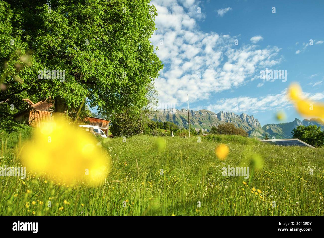 Idyllischer Blick in die Berge im Schweizer Hinterland. Buchs, St ...