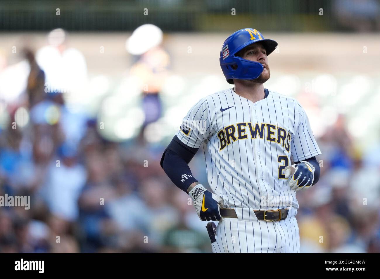 Milwaukee Brewers' Brice Turang looks on during a baseball game against ...