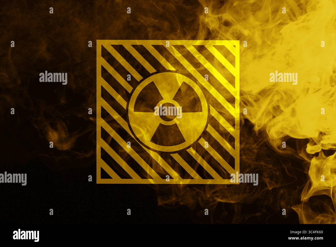 Radioactive sign and yellow toxic smoke against black background Stock ...