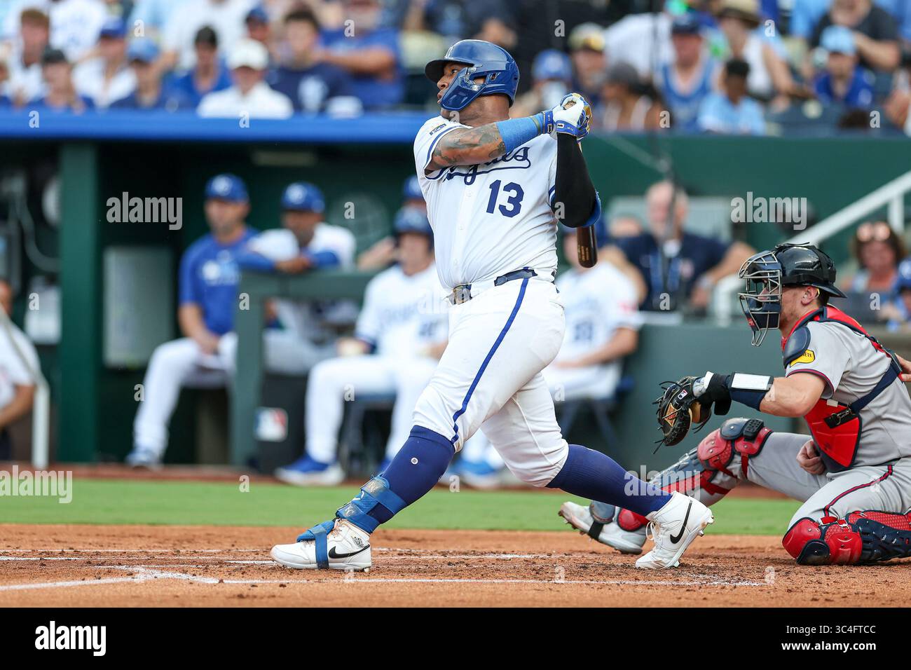 July 28, 2025: Kansas City Royals catcher Salvador Perez (13) watches ...