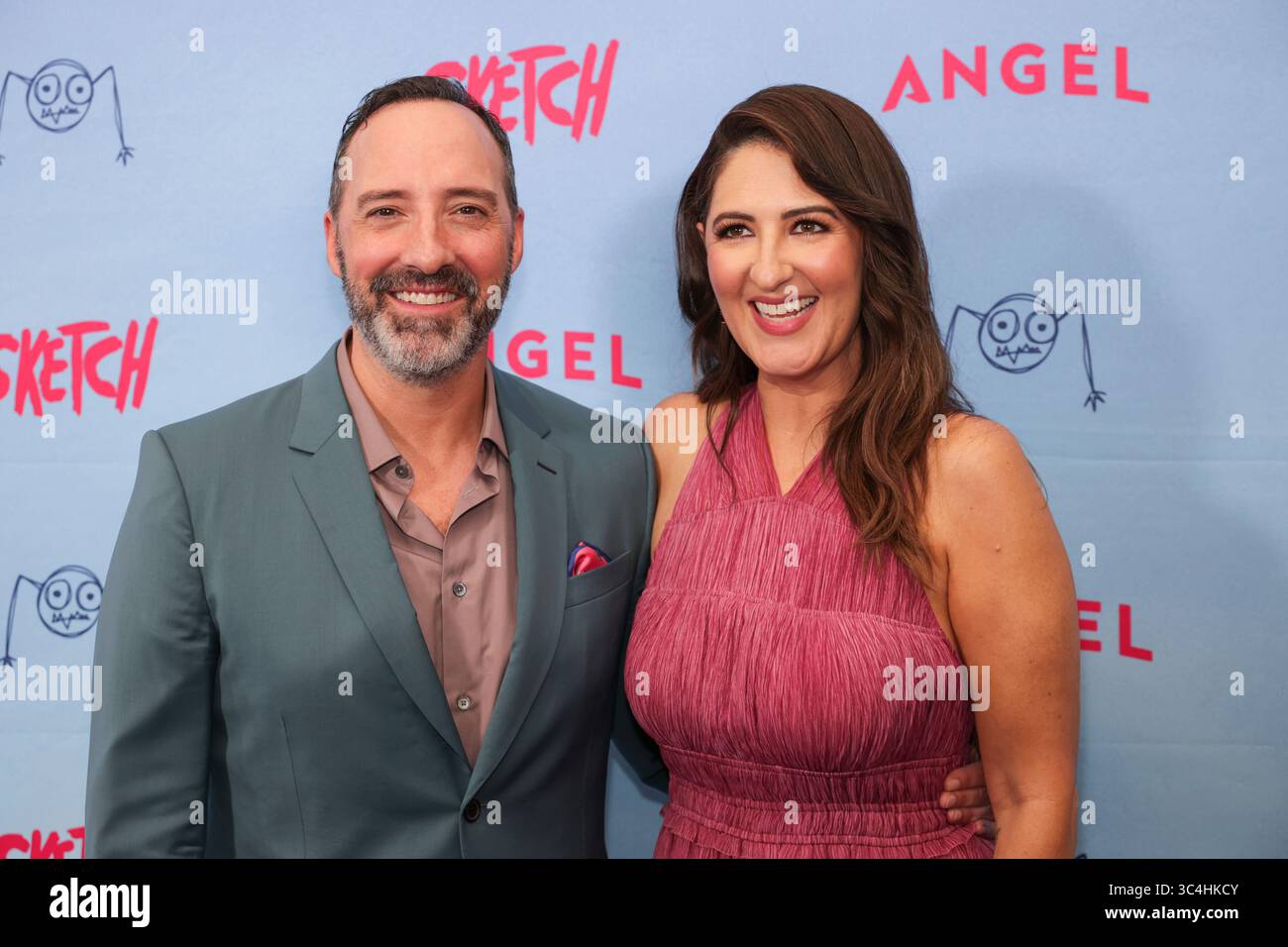 Tony Hale, left, and D'Arcy Carden arrive at the premiere of "Sketch ...