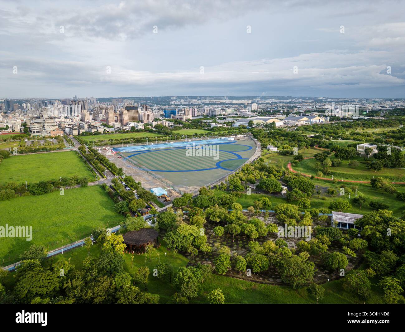 Aerial view of sports courts at Taichung Central Park, a modern urban ...