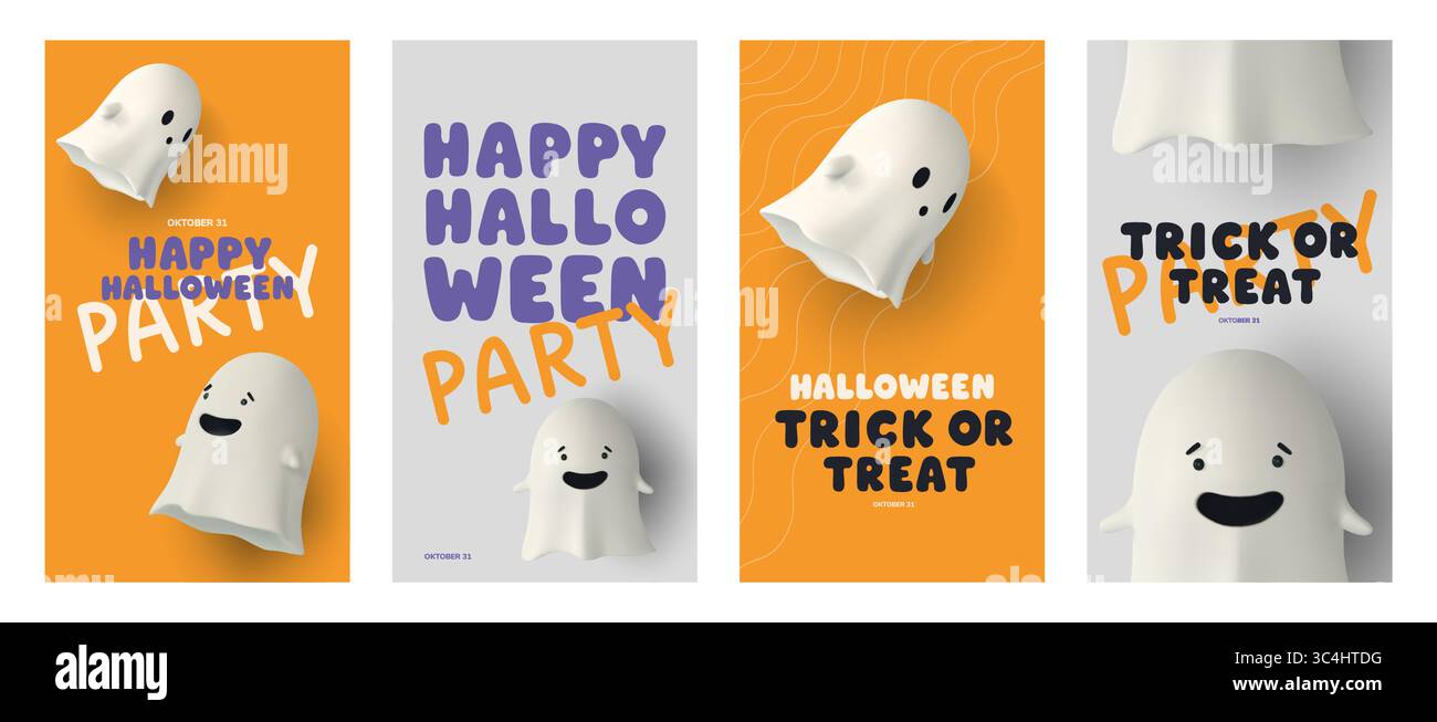 Set of Halloween posters with smiling 3D ghosts, fun Trick or Treat and ...