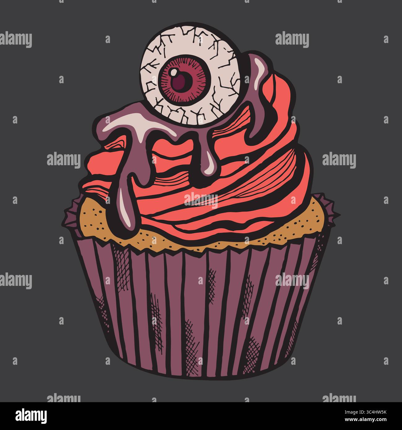 Halloween cupcake with an eye and dripping slime. Creepy treat on a ...