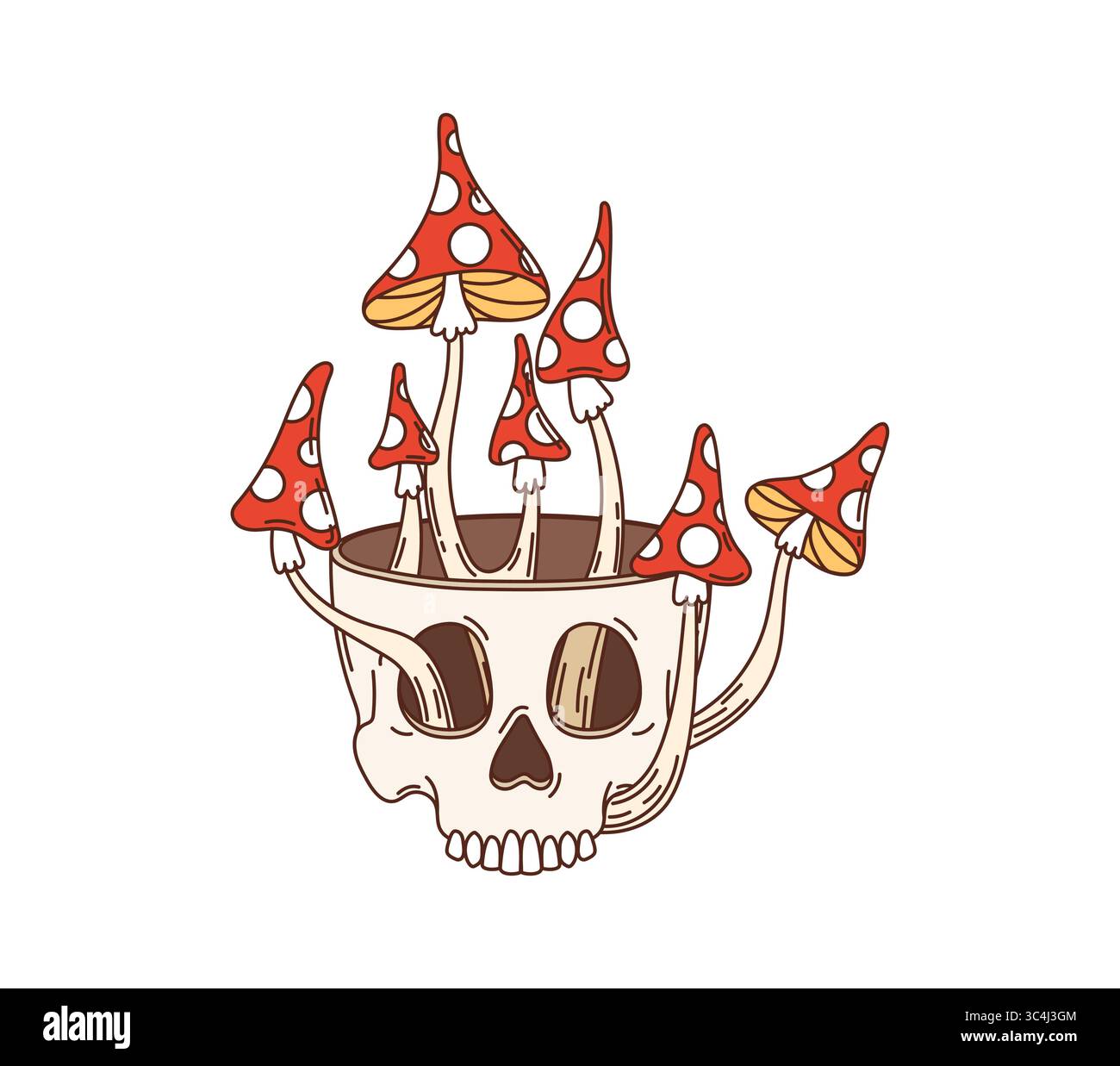 Human skull with mushrooms hippie groovy object. Witchcraft and ...