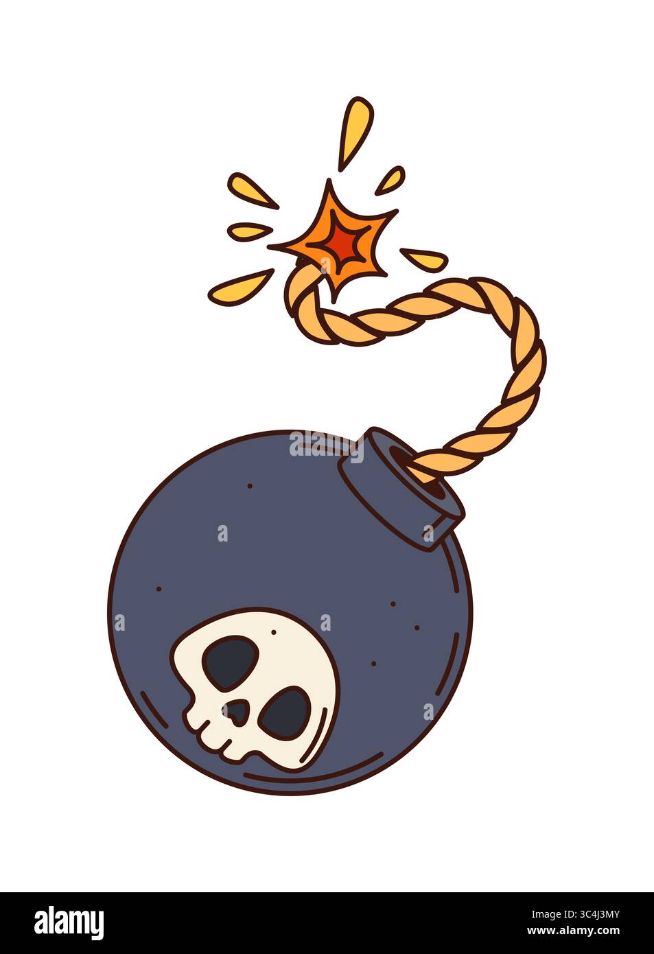 Cartoon groovy bomb with a skull emblem, lit fuse and sparks. Isolated ...