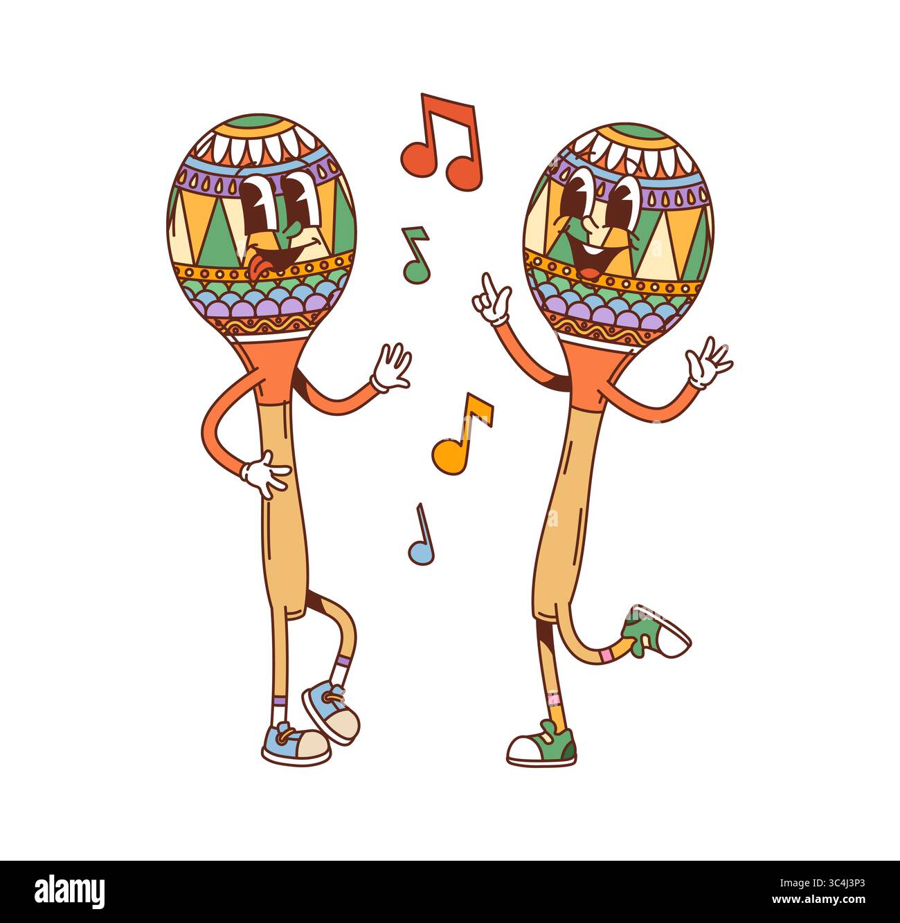 Cartoon groovy sound maracas musical instrument characters with notes ...