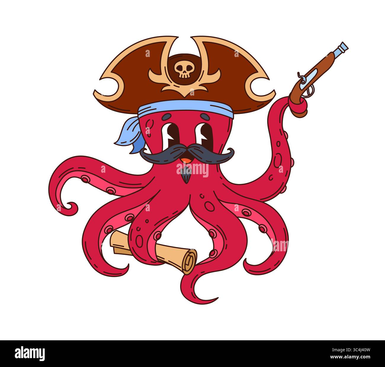 Cartoon groovy octopus pirate animal character. Isolated vector funny ...