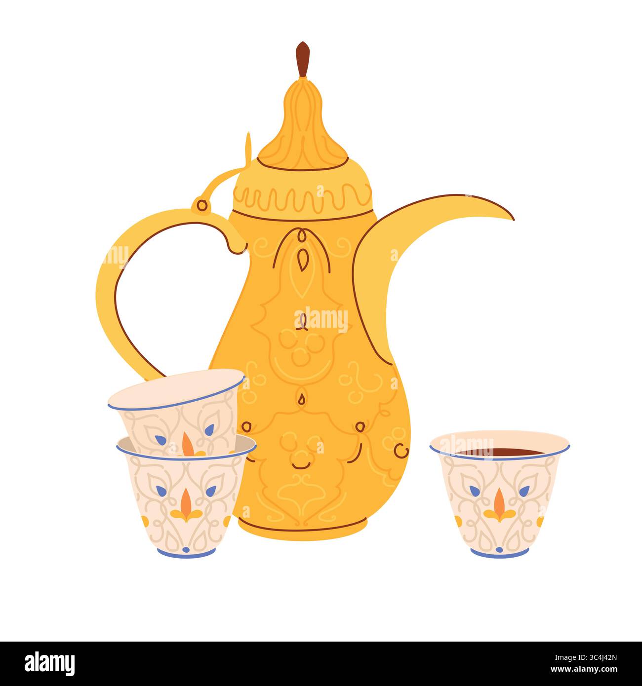 Traditional Arabic coffee pot Dallah and cups with ornament. Symbol of ...