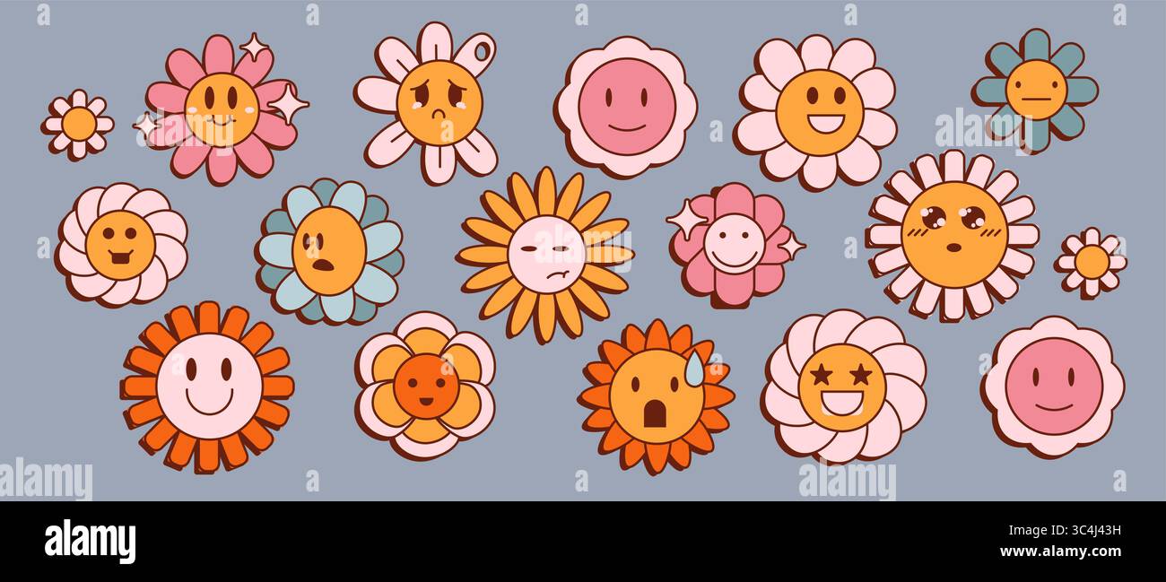 Retro groovy daisy flowers with cartoon faces showing different ...