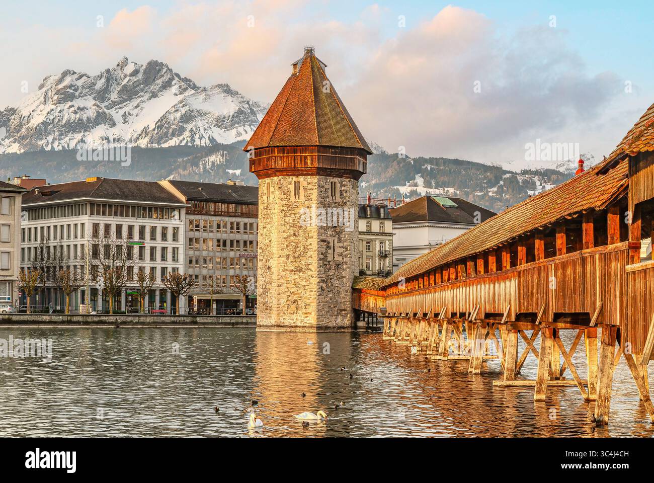 Chapel Bridge (Kapellbruecke) and water tower in Lucerne, with Mt ...
