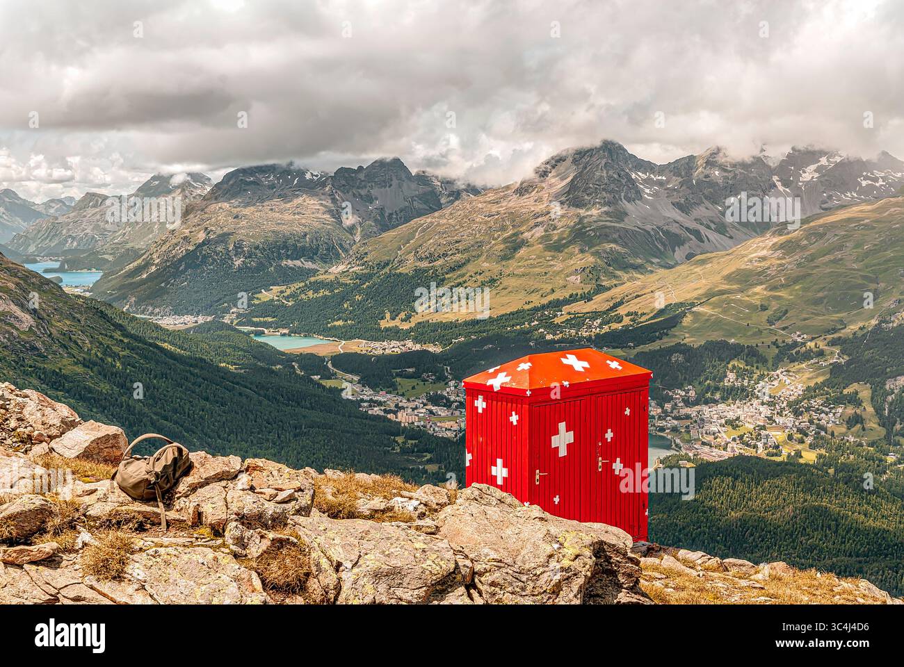 Mountain toilet in Swiss national colours, Segantini Hut, Upper Engadin ...