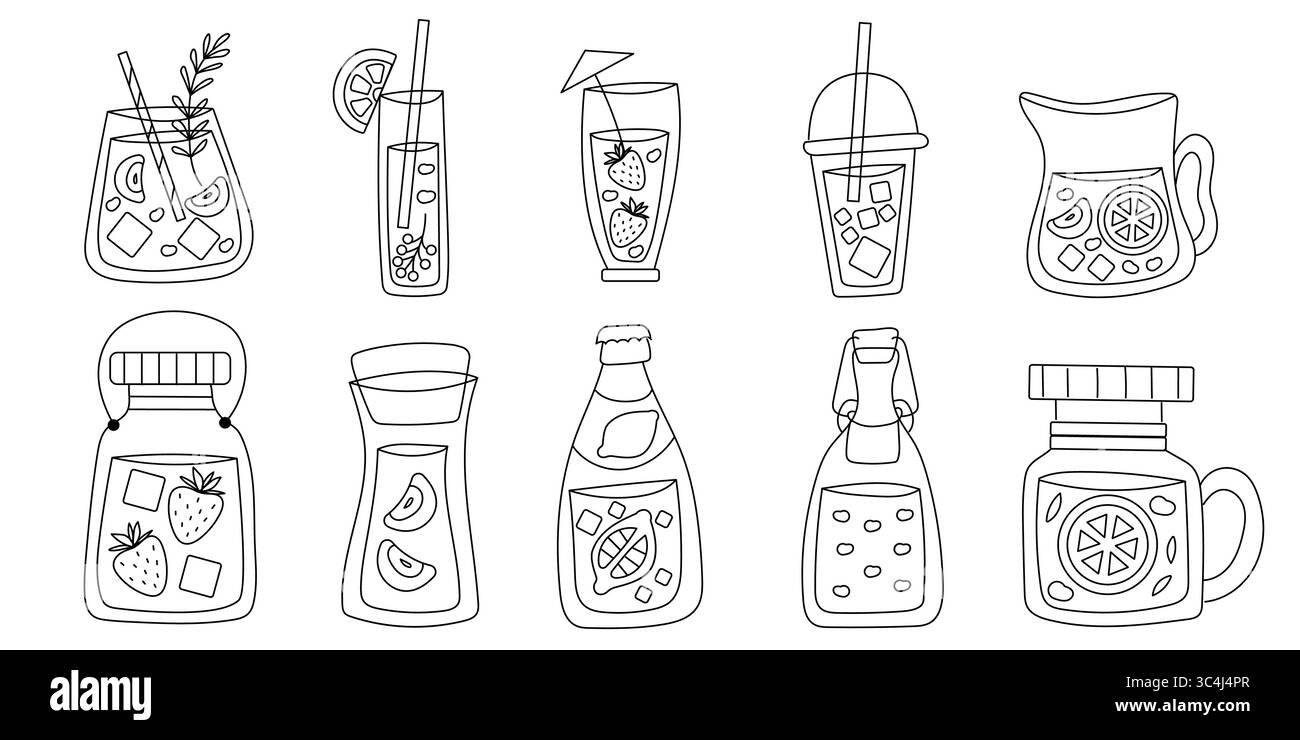 Set of drinks in doodle style. Hand drawn lemonade outline illustration ...