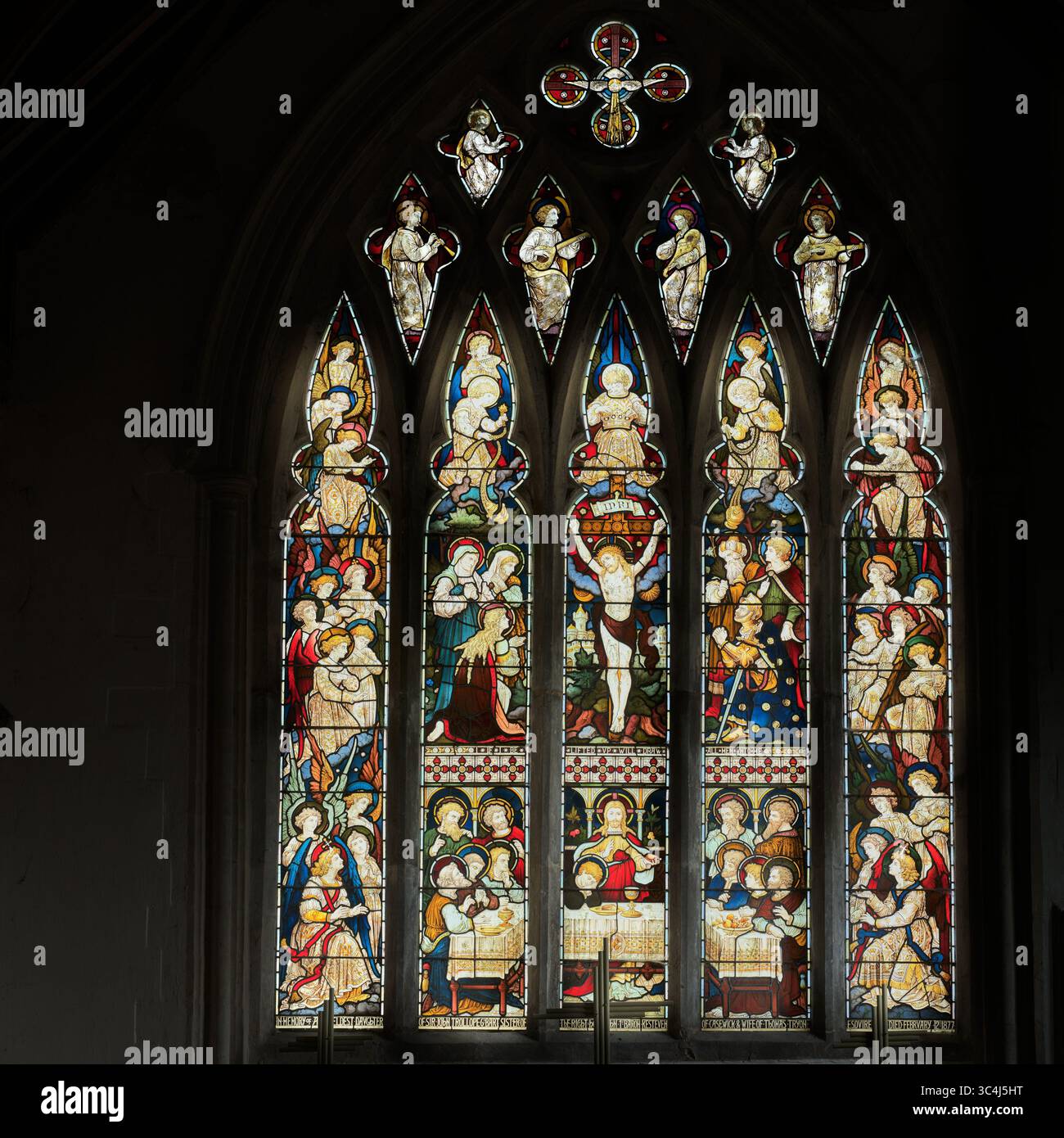 Stained glass window, of the crucifixion of Jesus Christ, in the ...