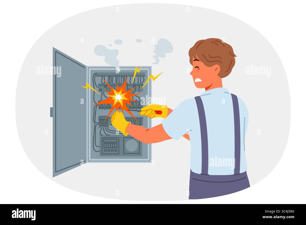 Man electrician is injured by electric shock while repairing electrical ...