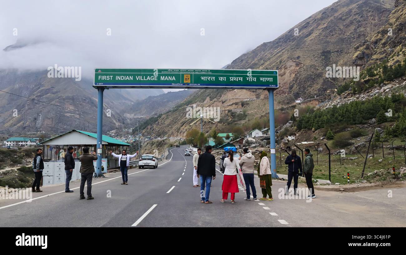 Greeting sign at Mana, recognized as India's first village, located ...