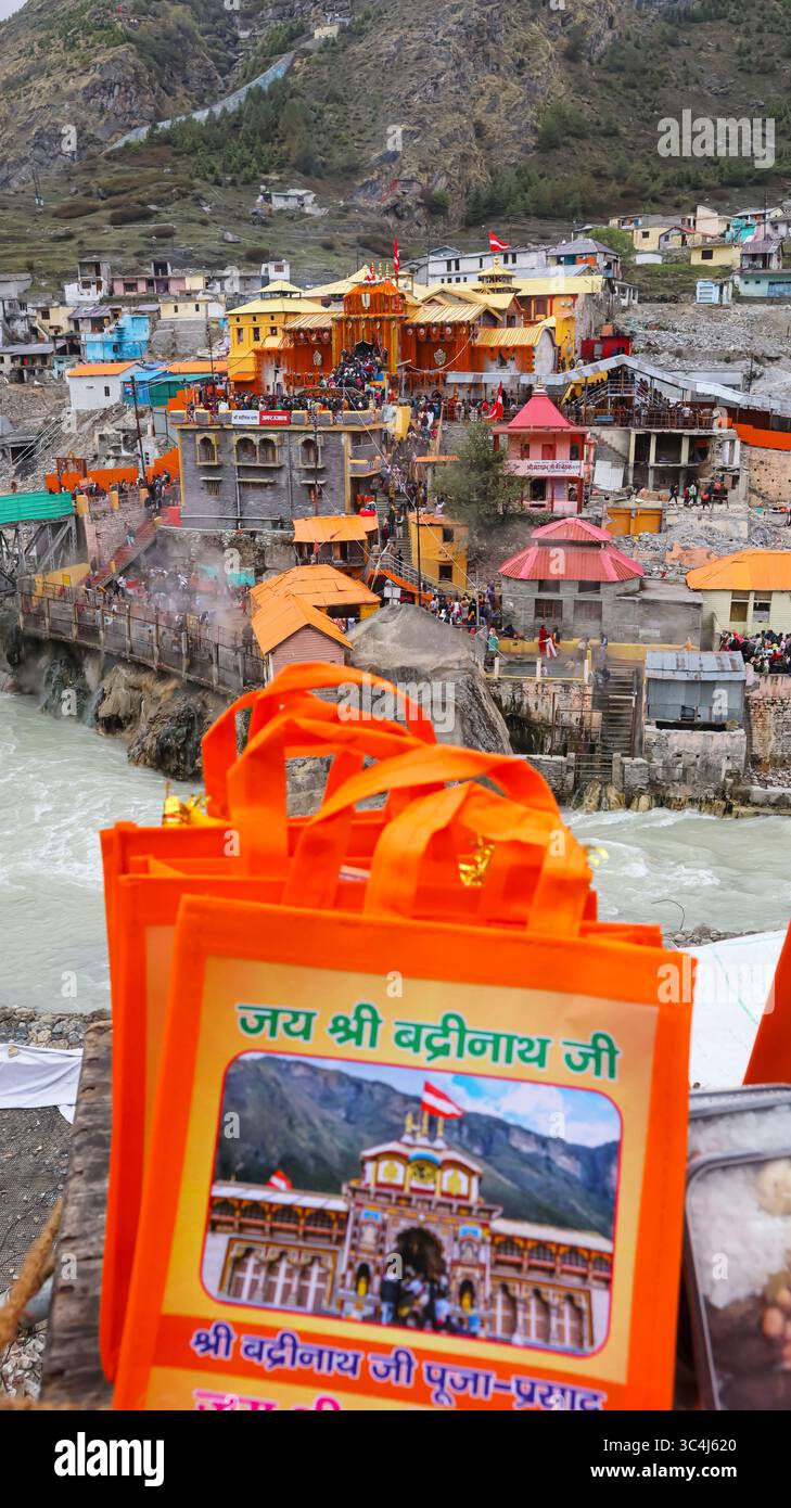 View of Badrinath Temple, one of the Four Dham sacred sites, situated ...