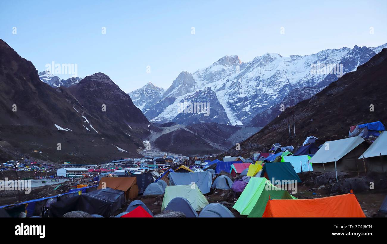 Panoramic view of the Kedarnath Mountains encompassing the camping site ...