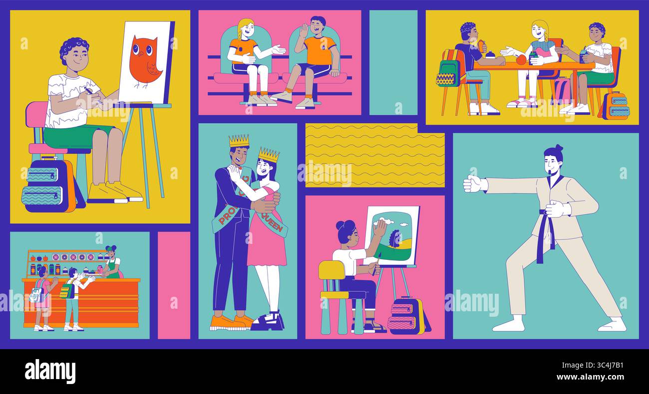 School life with art, lunch and celebration bento grid illustration set ...