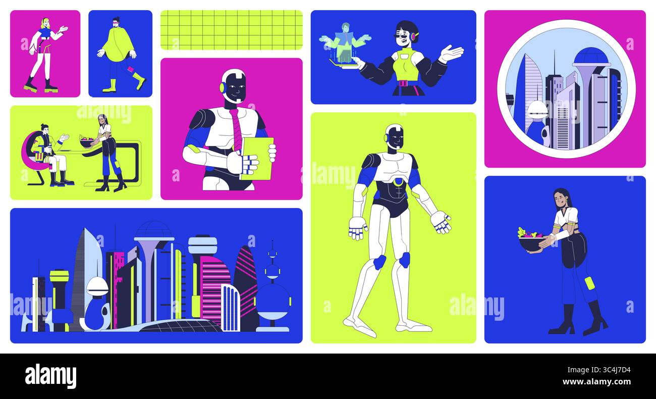 High-tech urban future with AI and smart living bento grid illustration set Stock Vector Image ...