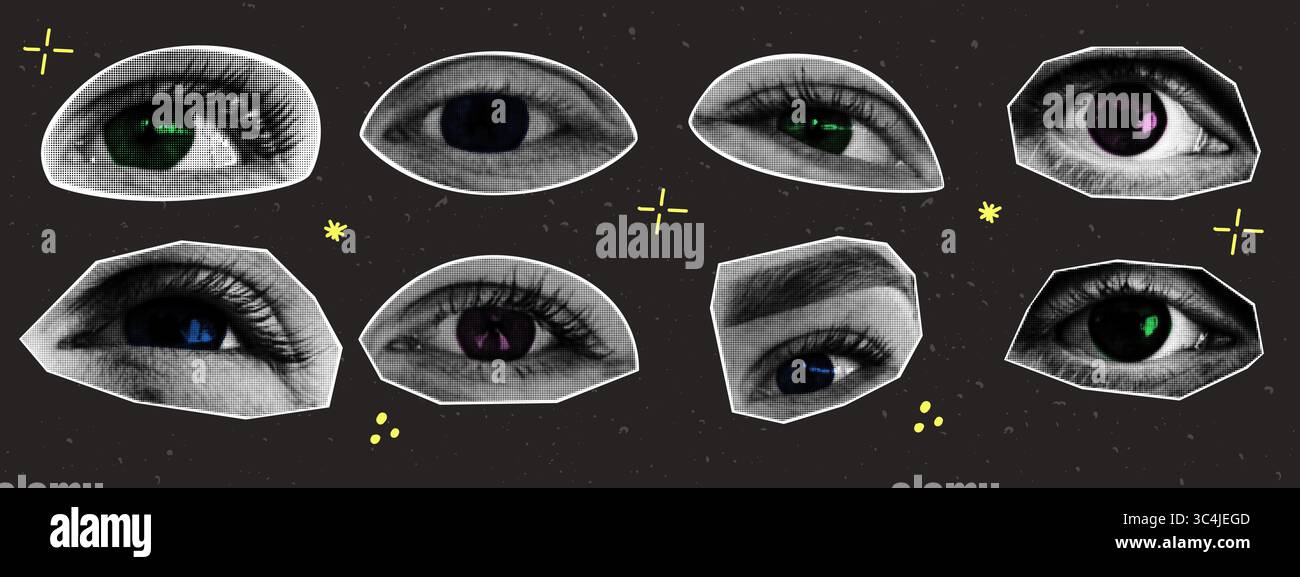 Trendy halftone collage eyes with doodle elements. Y2K style. Modern ...