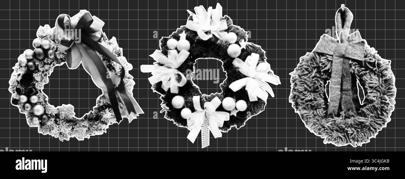 Halftone vintage christmas wreath collage. Merry Christmas and Happy ...